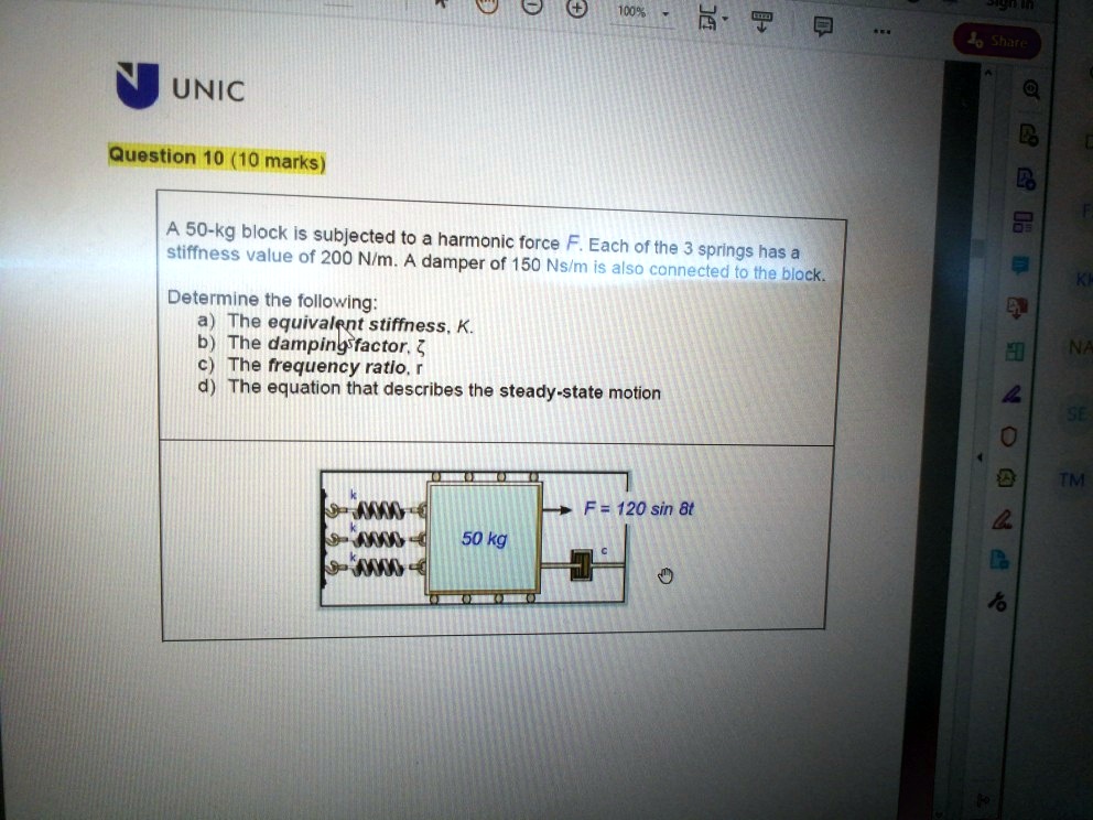 SOLVED: A 50-kg block is subjected to a harmonic force F. Each of the 3 ...