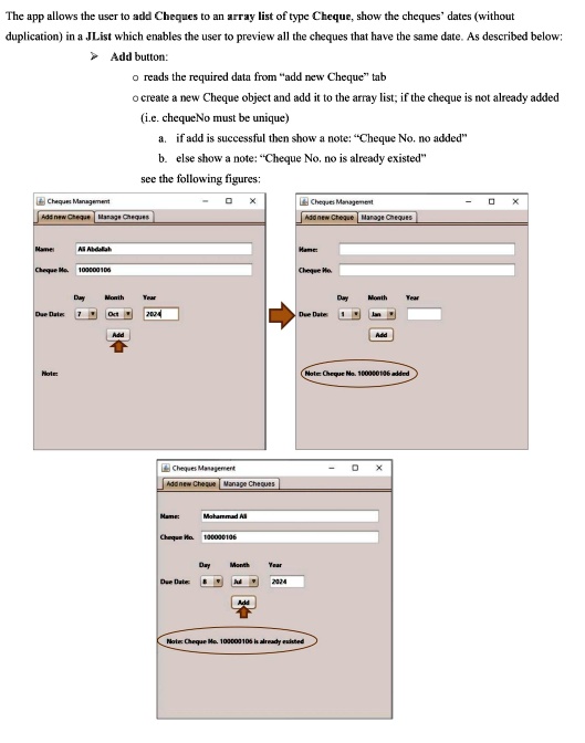 SOLVED: The app allows the user to add Cheques to an array list of type Cheque, show the cheques ...