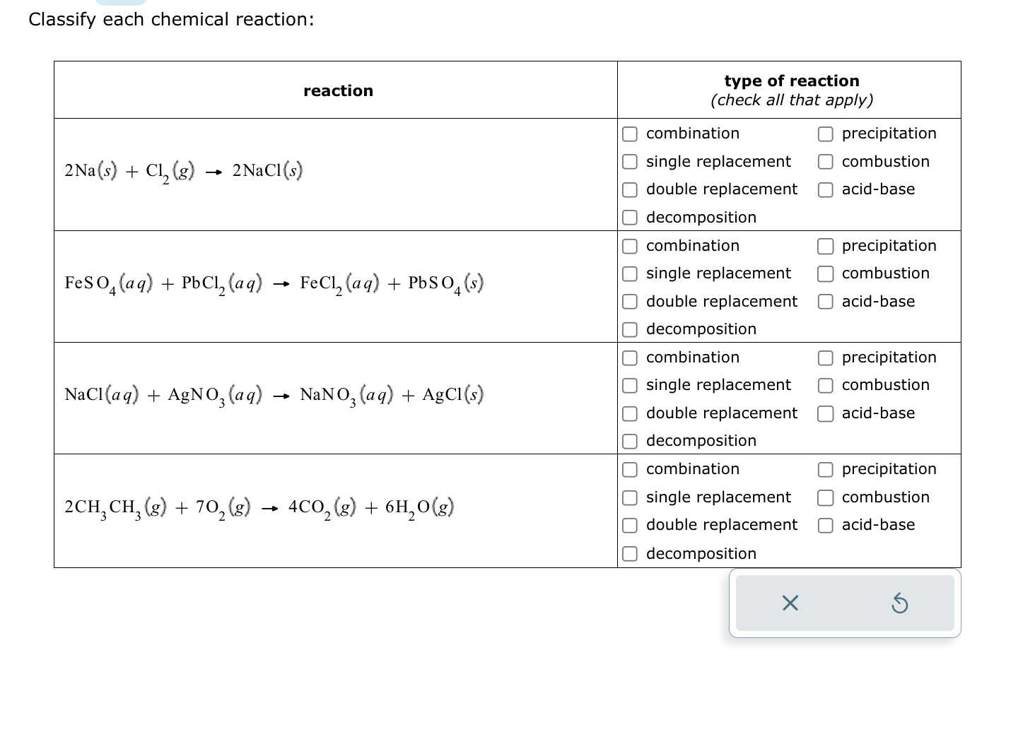 Classify each chemical reaction: reaction 2|c|type of reaction (check ...
