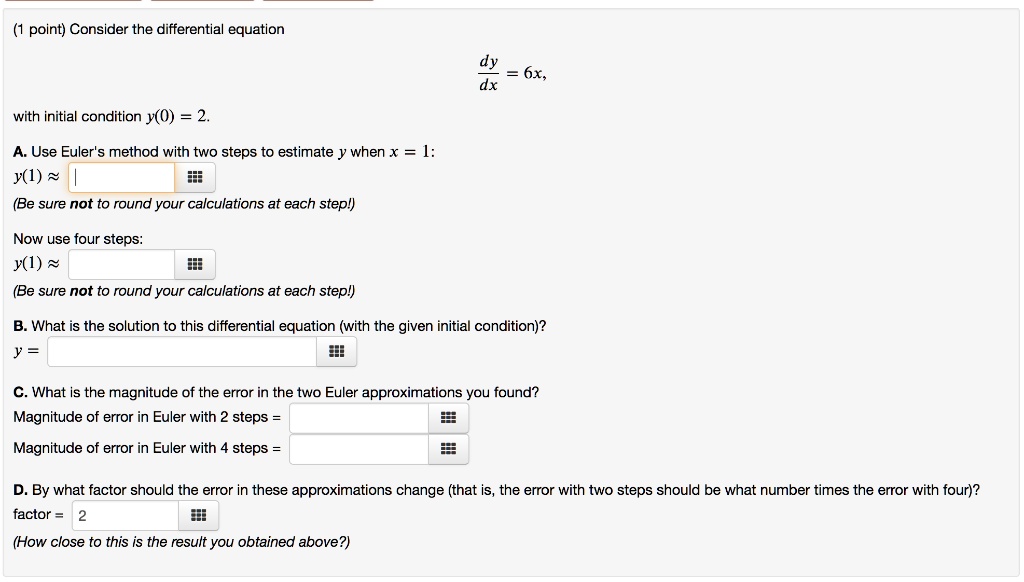 (1 point) Consider the differential equation (dy)/(dx)