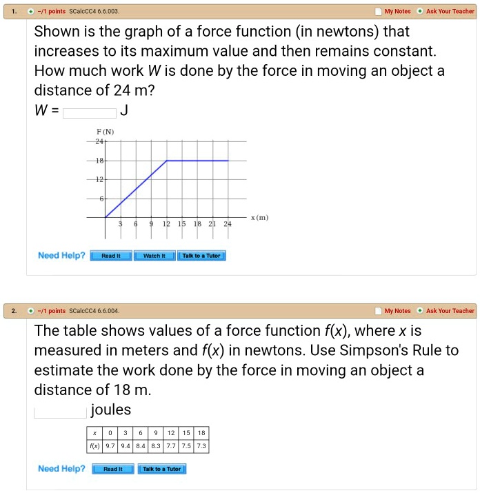 SOLVED:~/1 poinis SCalcCC4= Noles Ask Your Teacher Shown is the graph of a force function (in ...