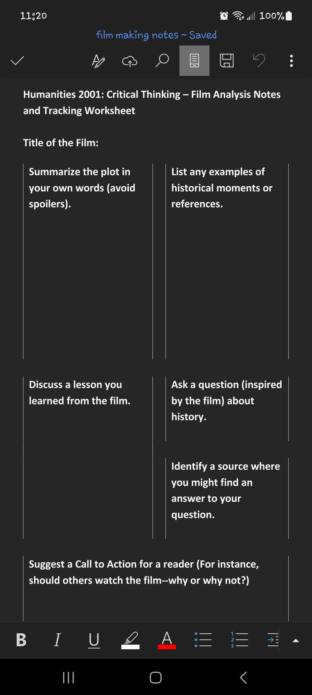 SOLVED: 11: 20 film making notes - Saved Humanities 2001: Critical ...