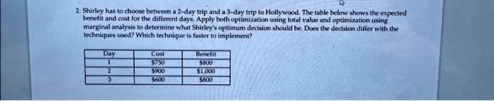 SOLVED: 2. Shirley has to choose between a 2-day trip and a 3-day trip to Hollywood. The table ...