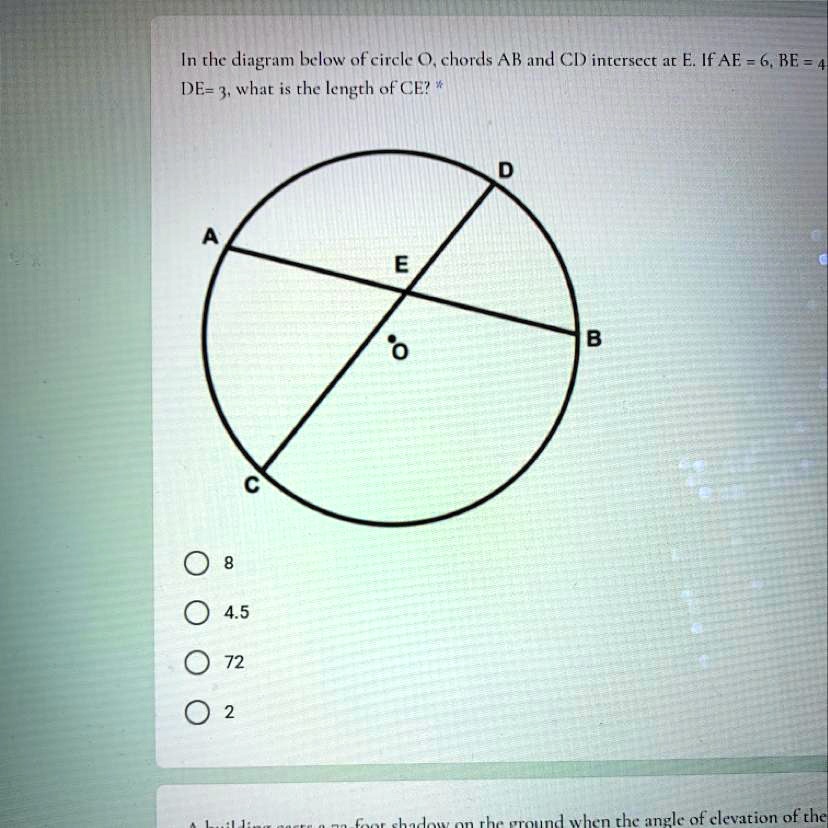 SOLVED: In the diagram below of circle O, chords AB and CD intersect at E. If AE = 6, BE = 4 ...