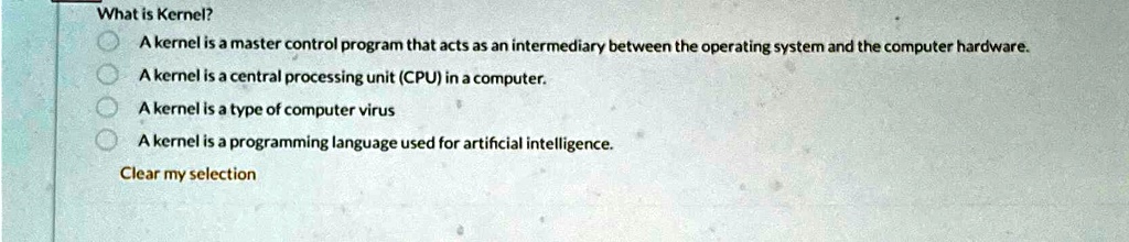 SOLVED: What is Kernel? A kernel is a master control program that acts ...