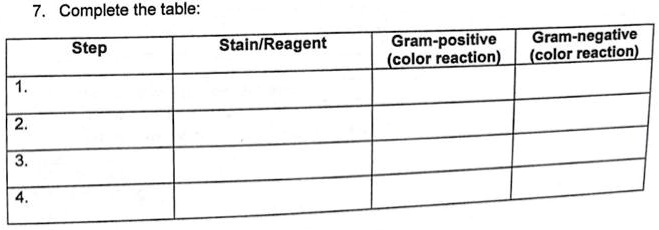 7. Complete the table: Step 1. 2. 3. 4. Stain/Reagent Gram-positive ...
