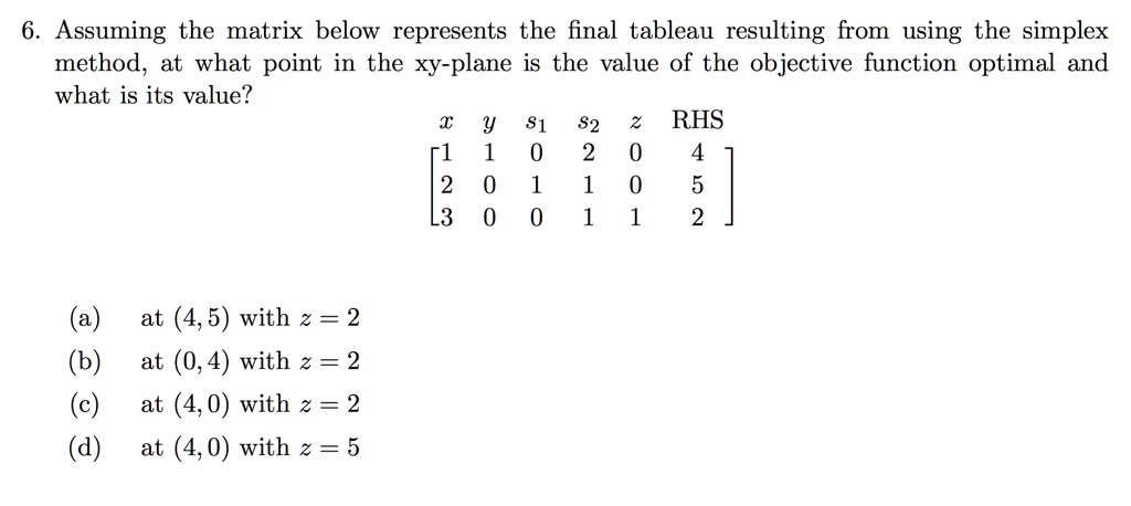 SOLVED: 6 Assuming the matrix below represents the final tableau ...