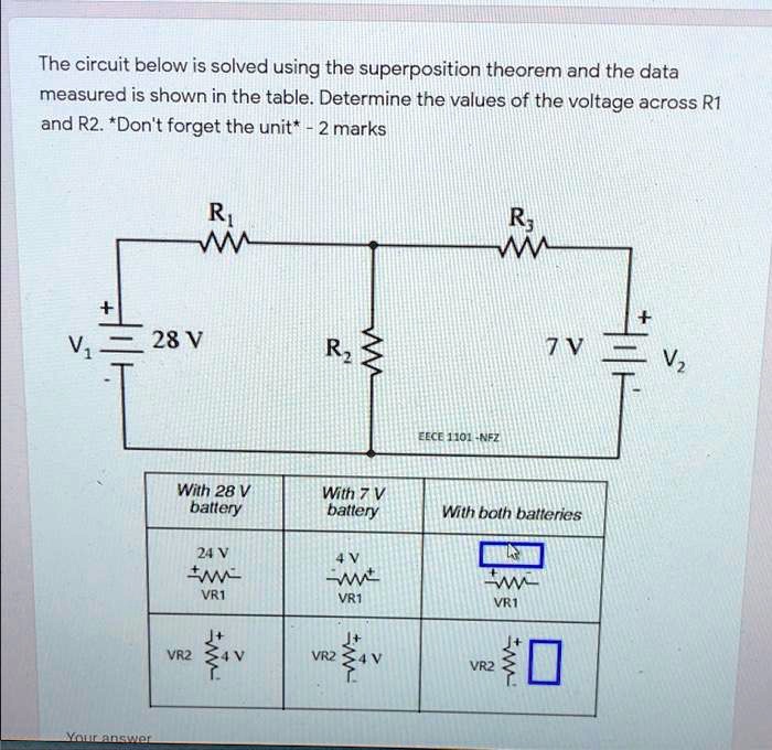 The circuit below is solved using the superposition theorem and the data measured is shown in ...