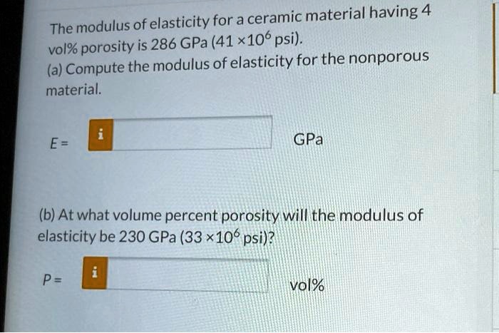 SOLVED: The modulus of elasticity for a ceramic material having 4 vol ...