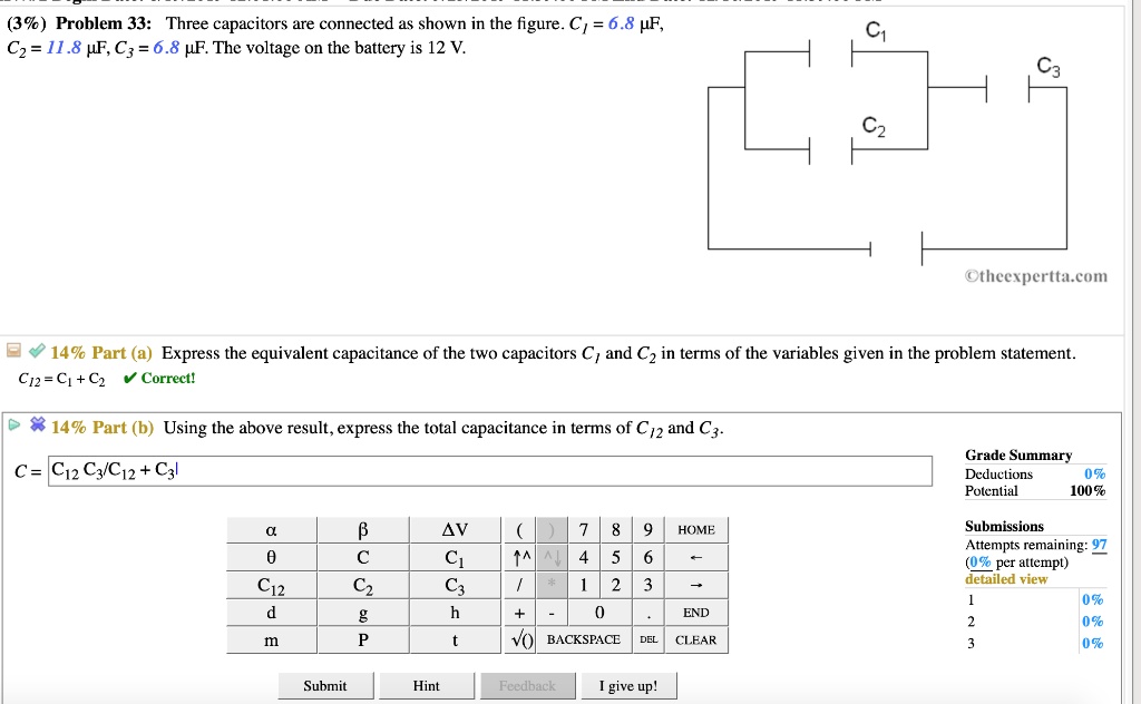 SOLVED: % ) Problem 33: Three capacitors are connected as shown in the figure C1 = 6.8 pF, 11.8 ...