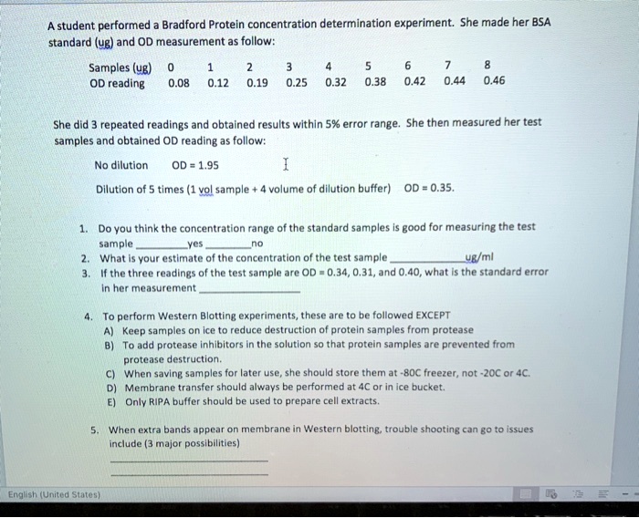 SOLVED: A student performed Bradford Protein concentration ...