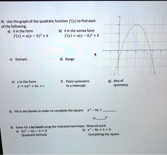SOLVED: 4) Use the graph of the quadratic function f (x) to find each ofthe following: a) hin ...