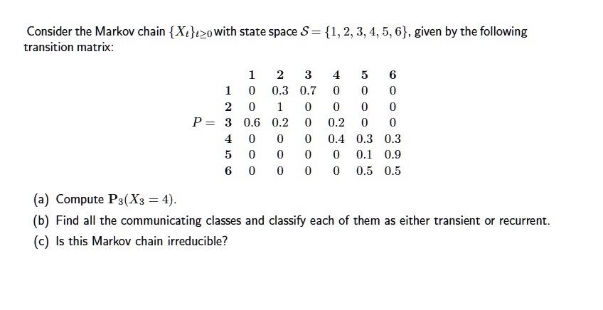 SOLVED: Consider the Markov chain Xttzowith state space S = 1,2,3,4,5,6, given by the following ...