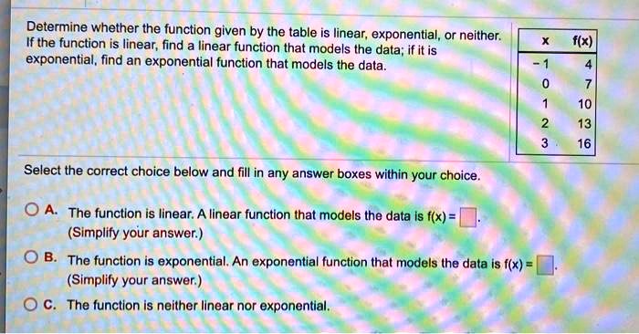 Solved Determine Whether The Function Given By The Table Is Linear Exponential Or Neither If