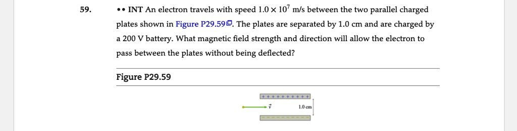 SOLVED: 59. INT An electron travels with speed 1.0 10 m/s between the two parallel charged ...