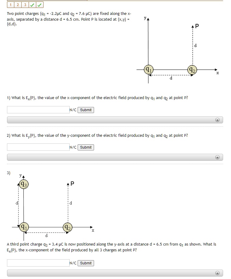 SOLVED: Two point charges (q1 = -2.2C and q2 = 7.6 C) are fixed along ...