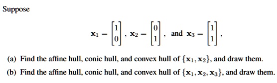 SOLVED: Suppose und X: (4) Find the affine hull. conic hull, and convex ...