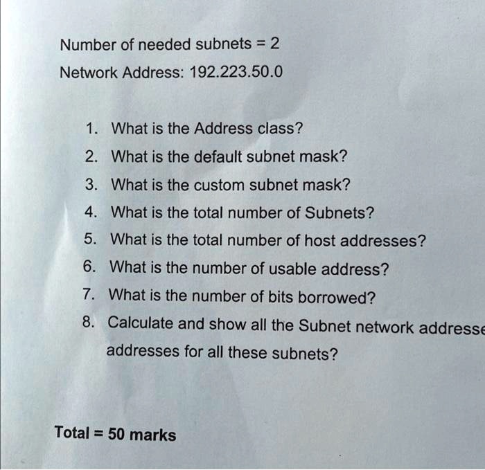 Solved Number Of Needed Subnets 2 Network Address 192 223 50 0 What