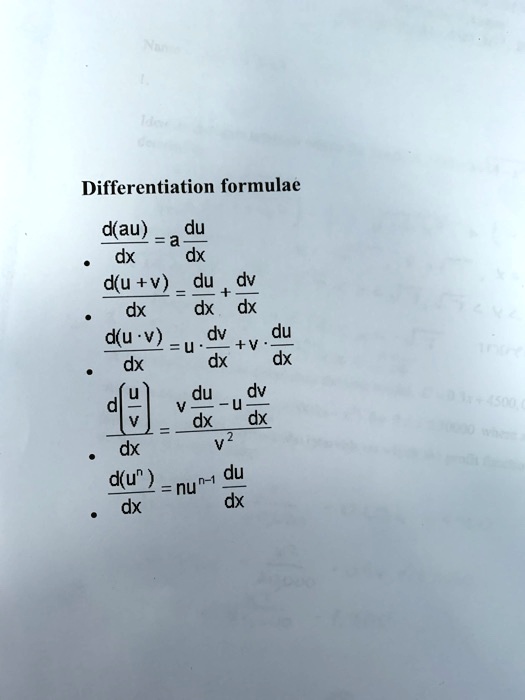 SOLVED: Differentiation formulae dau) =a du dx dx d(u+v) d+& dx d(u ...
