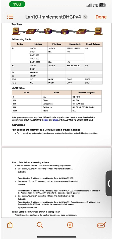 SOLVED: All LTE 62 Lab10-ImplementDHCPv4 Done Addressing Table able ...
