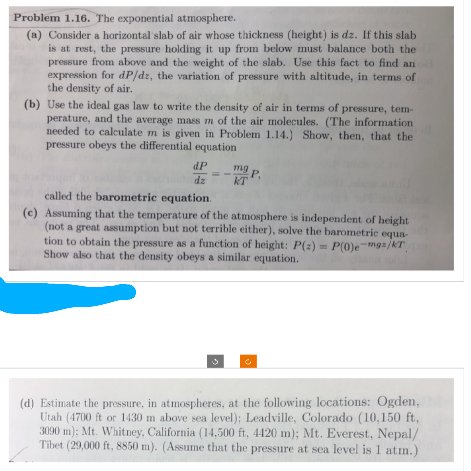 Problem 1.16. The exponential atmosphere. (a) Consider a horizontal ...