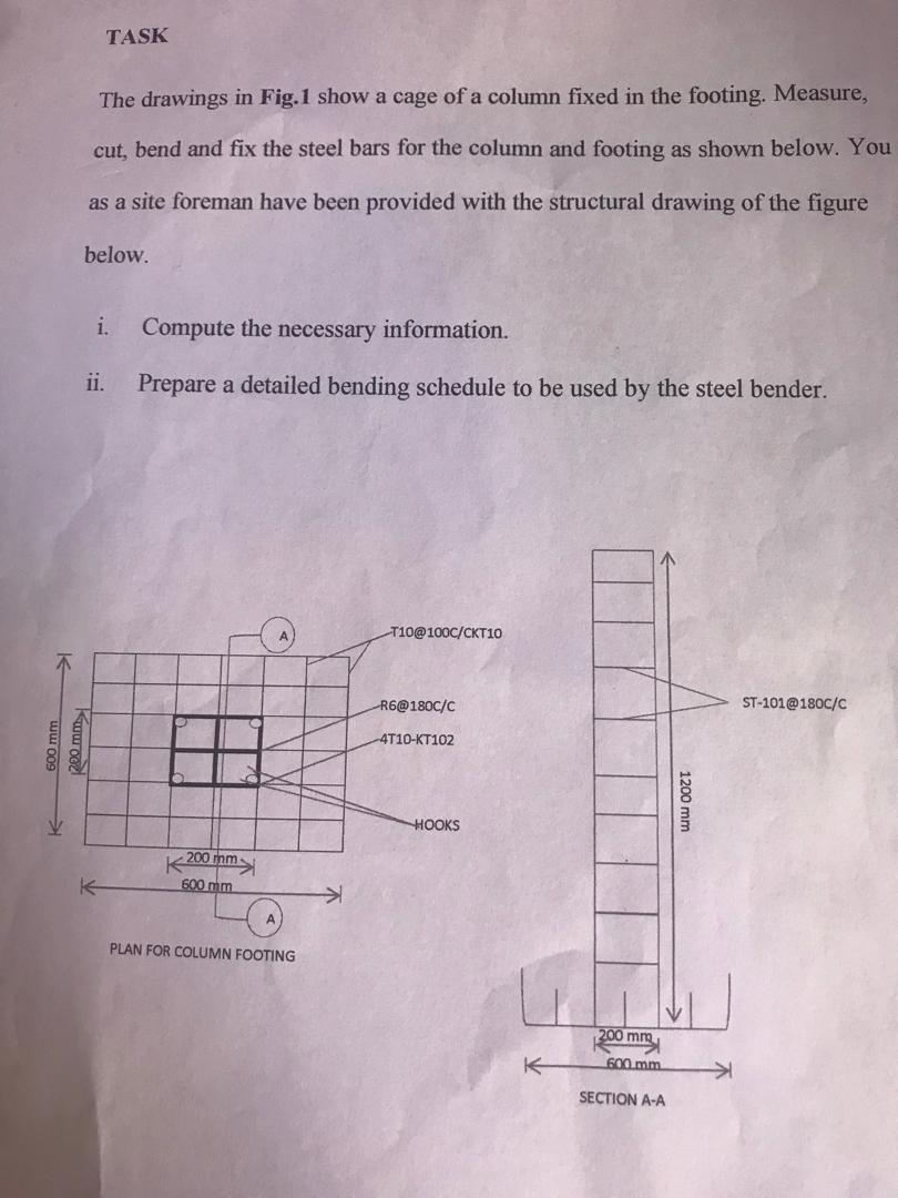 task the drawings in fig 1 show a cage of a column fixed in the footing ...