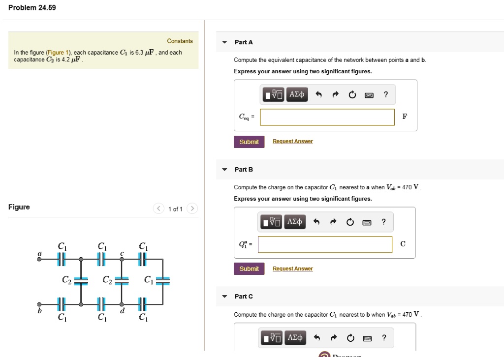 SOLVED: Problem 24.59 Constants Pan A In the figure (Figure 1), each capacitance C1 is 6.3 pF ...
