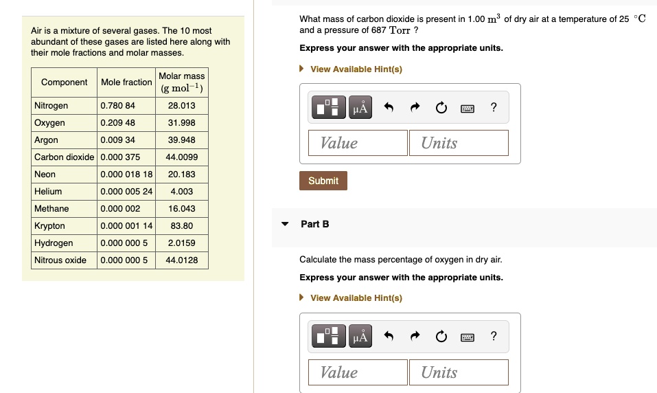 SOLVED: What mass of carbon dioxide is present in 1.00 mÂ³ of dry air at a temperature of 25Â°C ...