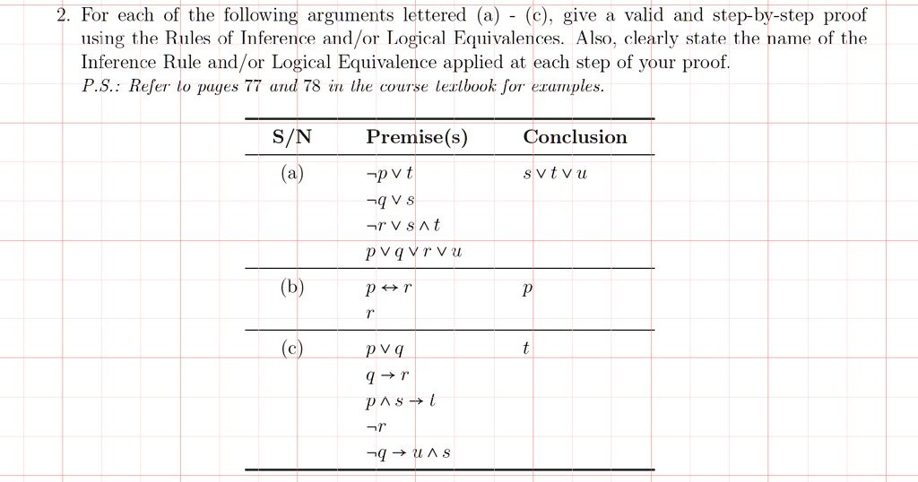 SOLVED: For each of the following arguments lettered (a) - (c), give a valid and step-by-step ...