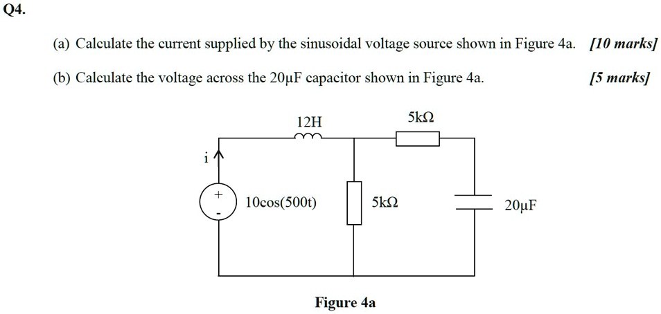 Q4. (a) Calculate the current supplied by the sinusoidal voltage source shown in Figure 4a. [10 ...