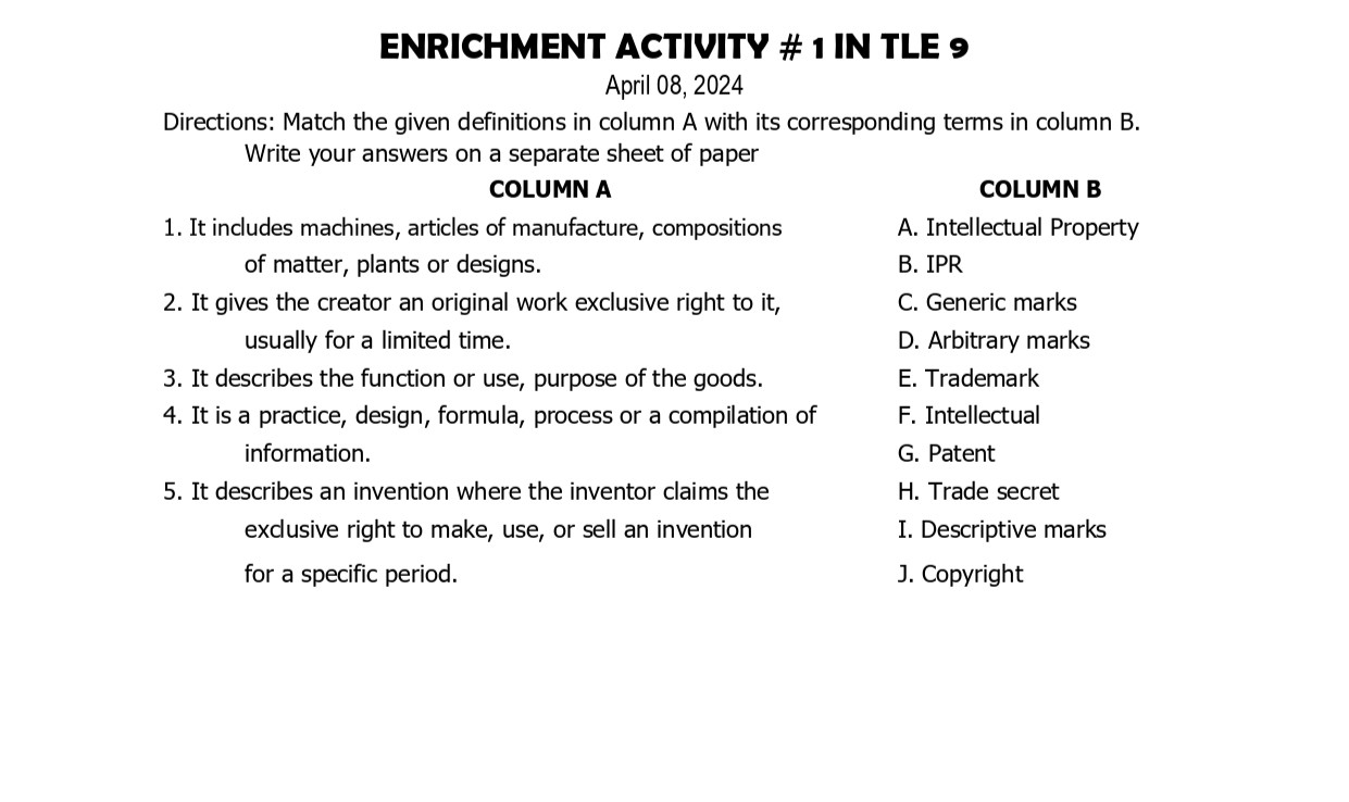 enrichment activity 1 in tle 9 april 08 2024 directions match the given definitions in column a ...