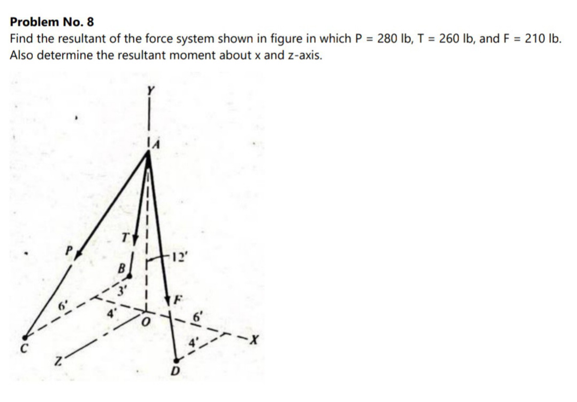 Problem No. 8 Find the resultant of the force system shown in figure in which P=280 lb, T=260 lb ...