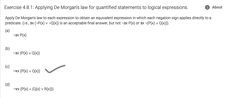 SOLVED: Exercise 4.8.1: Applying De Morgan's law for quantified ...