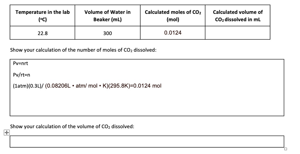 SOLVED: Show your calculation of the volume of CO2 dissolved: