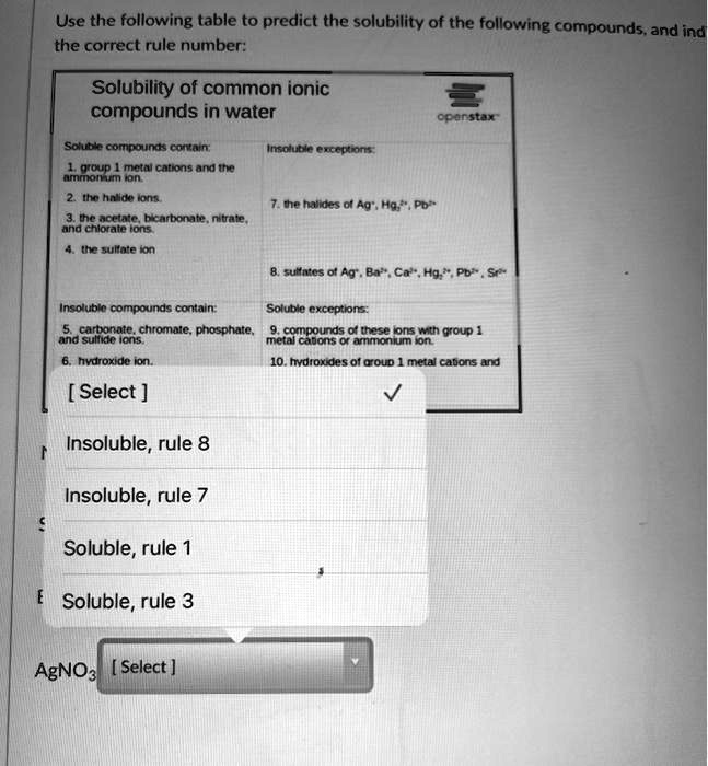 use the following table to predict the solubility of the following compounds and ind the correct ...