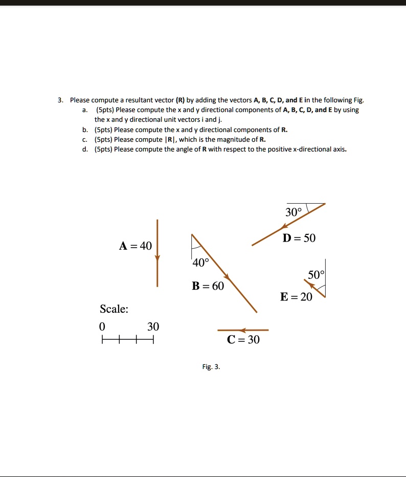 SOLVED: Please compute a resultant vector (R) by adding the vectors A, B, C, D, and E in the ...