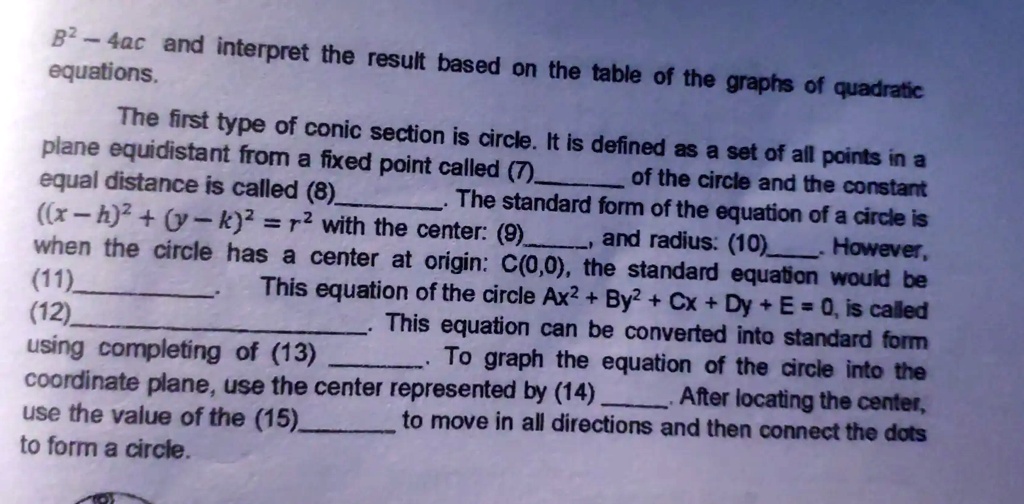 SOLVED: B2 4ac and interpret equations the result based on the table of the graphs of quadrate ...