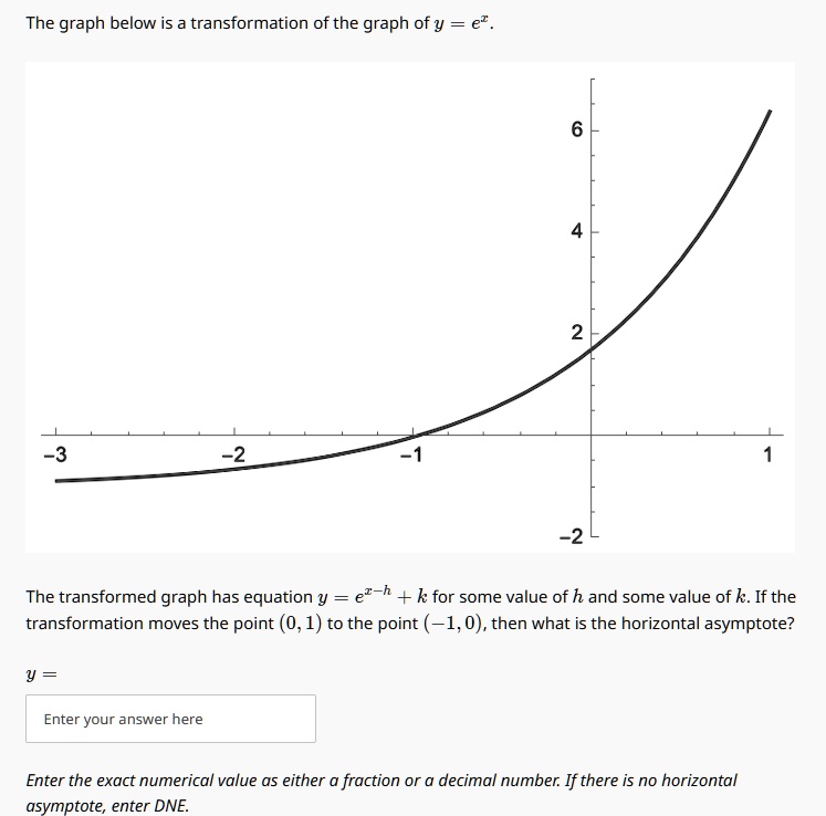 SOLVED: The graph below is a transformation of the graph of y = e^x. The transformed graph has ...