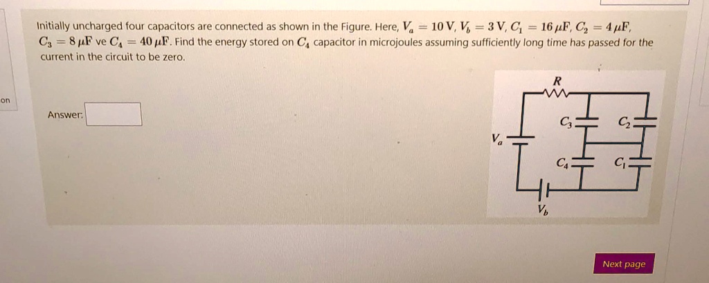 SOLVED: Initially uncharged four capacitors are connected as shown in the Figure.Here,V=10VV=3V ...