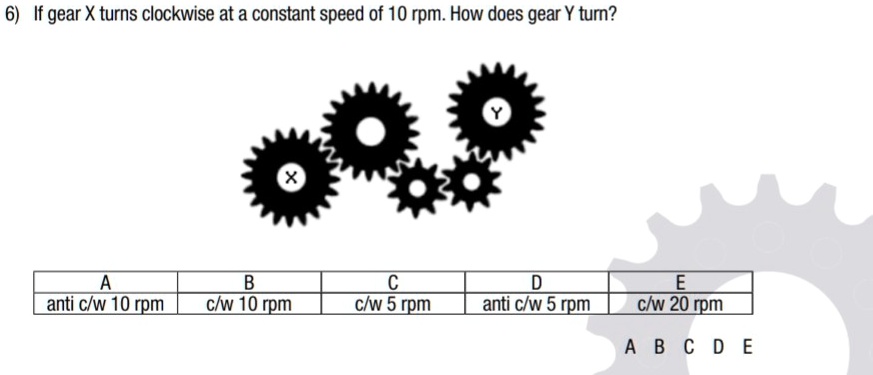 SOLVED: If gear X turns clockwise at a constant speed of 10 rpm, how does gear Y turn? A) anti c ...