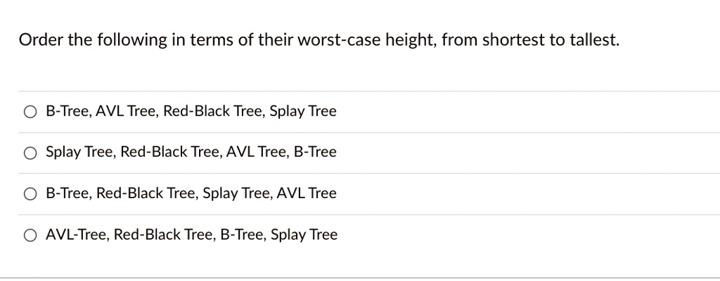 SOLVED: Order the following in terms of their worst-case height, from ... SOLVED: Order the following in terms of their worst-case height, from ...