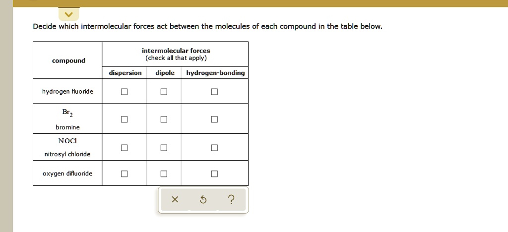 SOLVED: Decide which intermolecular forces act between the molecules of ... SOLVED: Decide which intermolecular forces act between the molecules of ...
