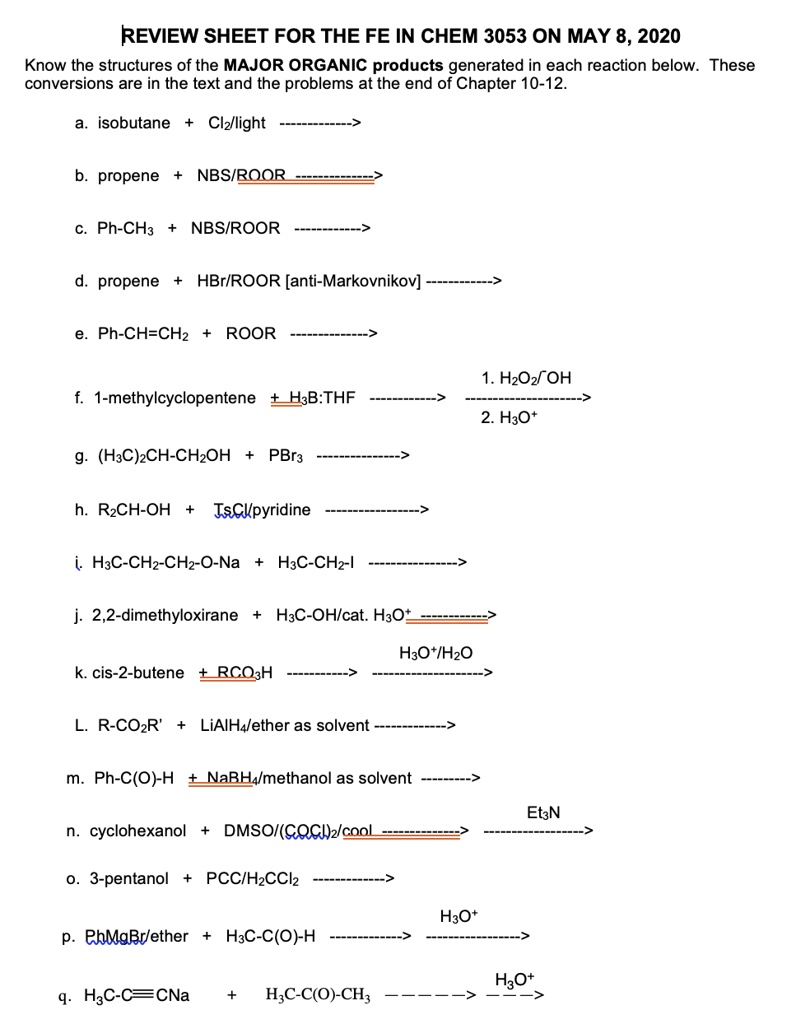 SOLVED: REVIEW SHEET FOR THE FE IN CHEM 3053 ON MAY 8, 2020 Know the structures of the MAJOR ...