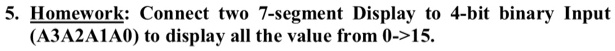 SOLVED: 5. Homework: Connect two 7-segment Displays to 4-bit binary Input A3A2A1A0 to display ...