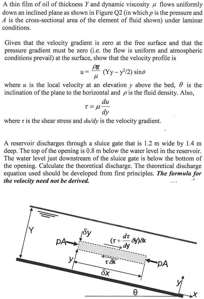 A thin film of oil of thickness Y and dynamic viscosity μ flows ...