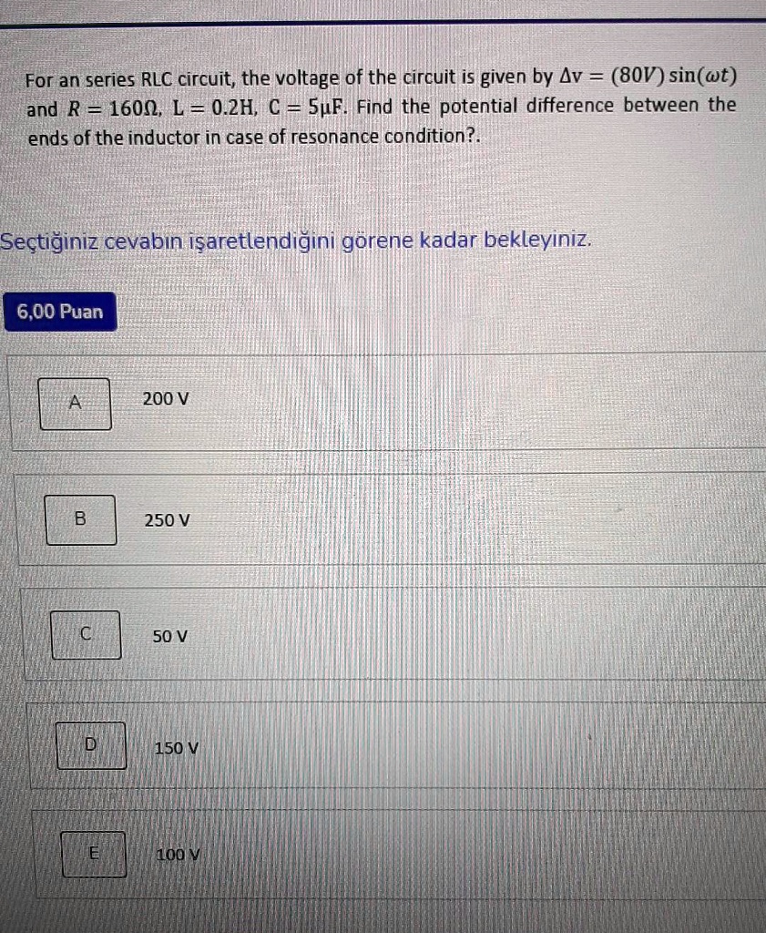 SOLVED: For a series RLC circuit, the voltage of the circuit is given by Av = (80V) sin(Ï‰t) and ...
