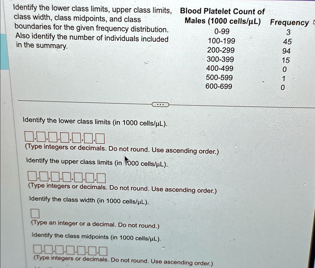 SOLVED: Identify the lower class limits, upper class limits, Blood Platelet Count of class width ...