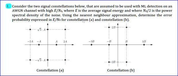 SOLVED: Consider the two signal constellations below, that are assumed to be used with ML ...
