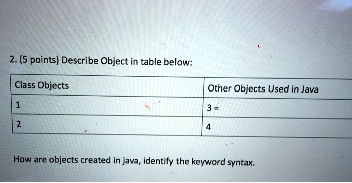 Solved 2 5 Points Describe Object In Table Below Class Objects Other Objects Used In Java 1 3