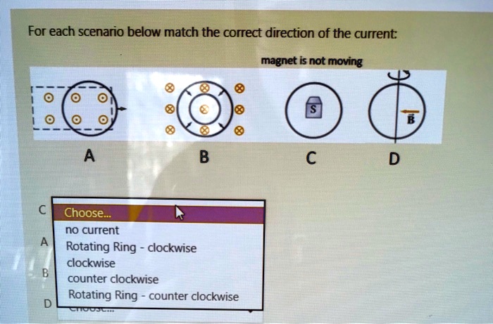 SOLVED: For each scenario below match the correct direction of the current: magnet is not moving ...